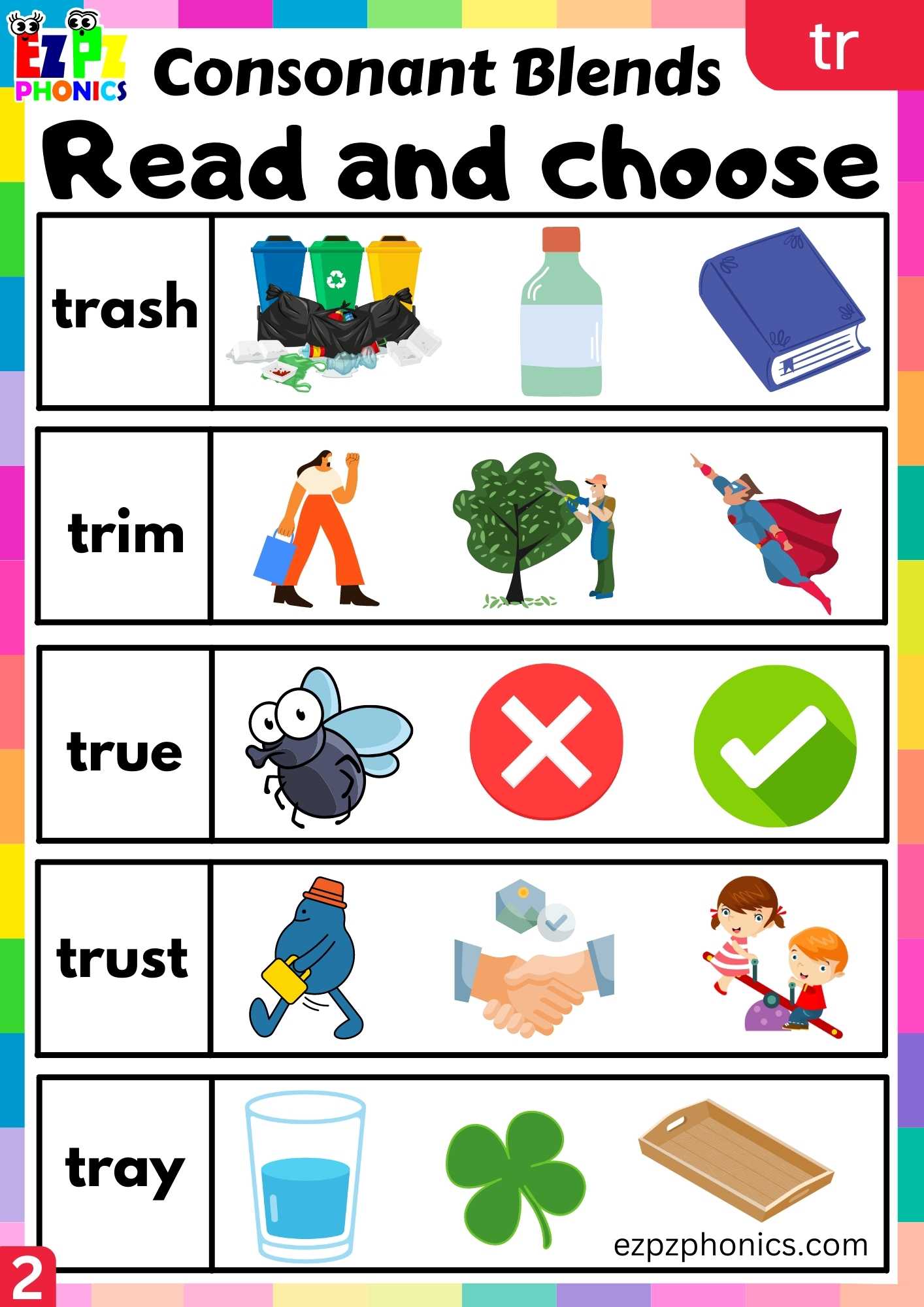 Group2 TR Words Read And Choose Phonics Consonant Blends Worksheet - ezpzphonics.com